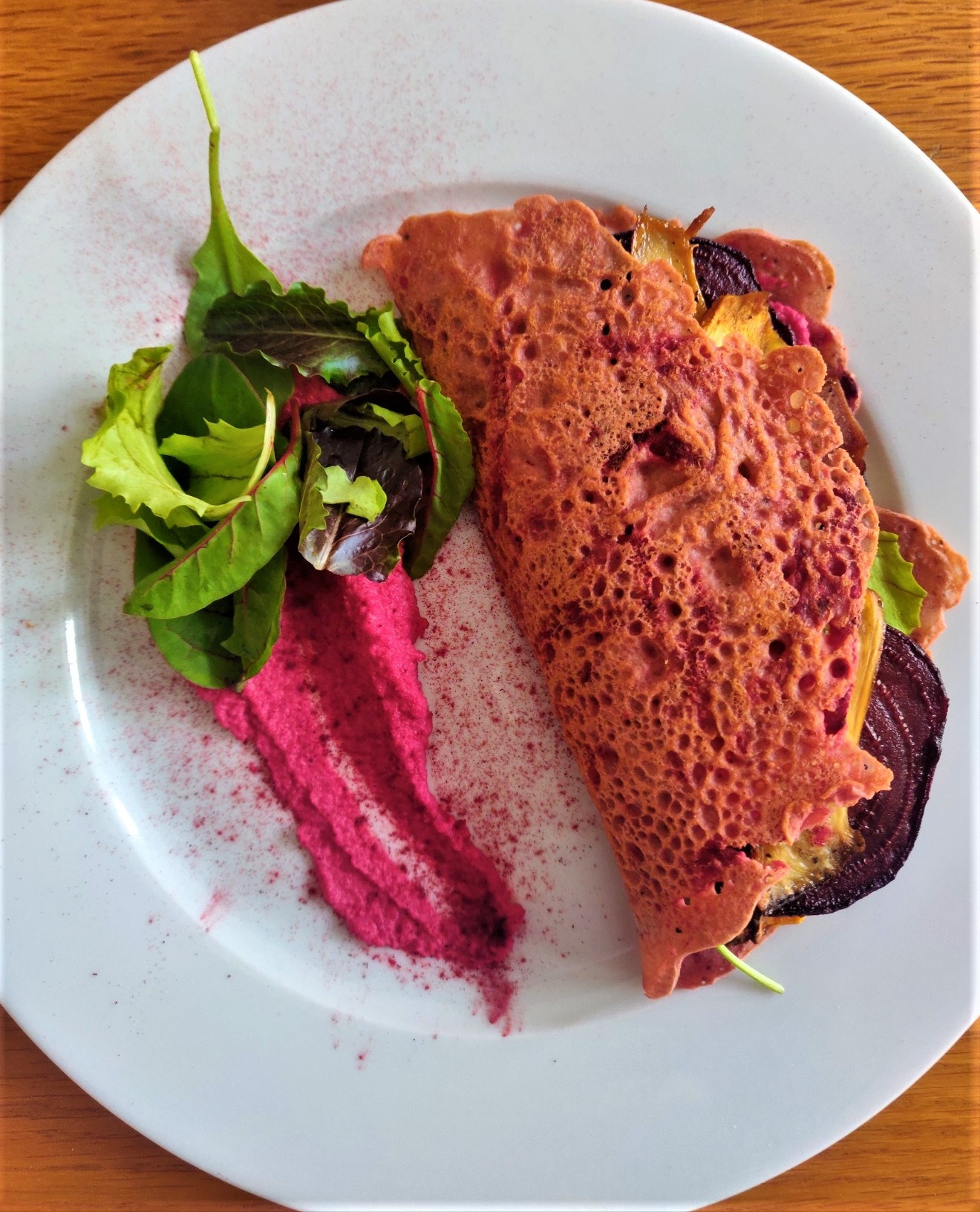 Beet Buckwheat Crepe with Roasted Veggies and Red Lentil Puree - Food Notes